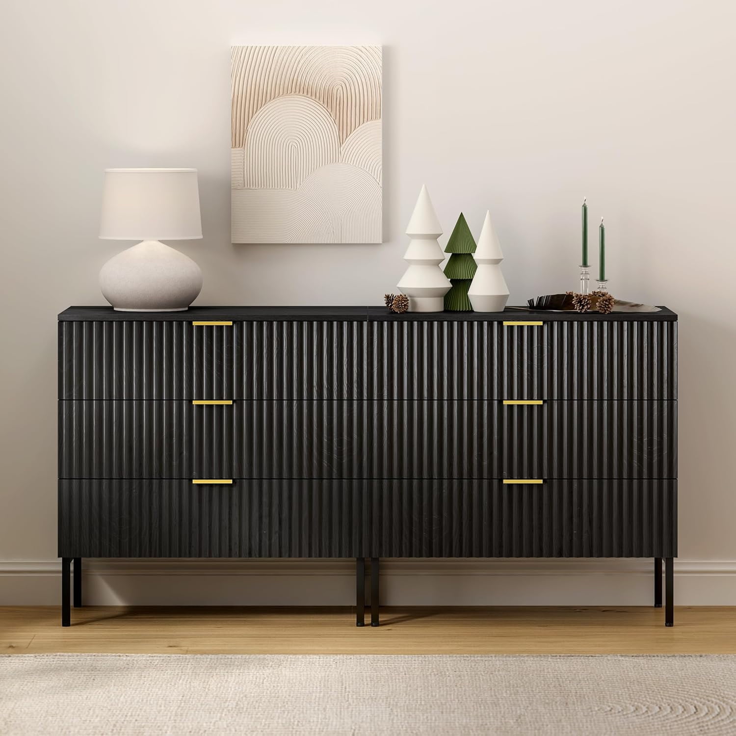Black 3 Drawer Dresser Set of 2, Fluted Large Modern Chest of Drawers ...