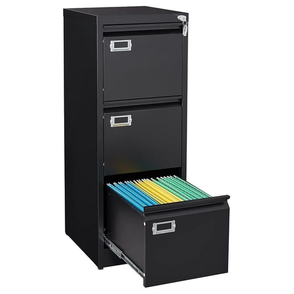 Black 3 Drawer File Cabinet,Metal Filing Cabinets with Lock,Office File ...