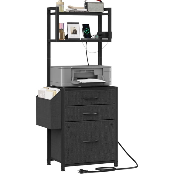 Black 3-Drawer File Cabinet With Charging Station & 2-Tier Shelf For ...