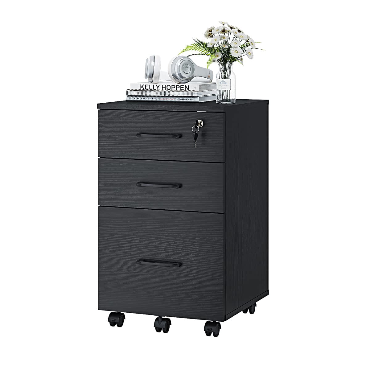 Black 3-Drawer Mobile File Cabinet With Lock For Home Office Under Desk ...