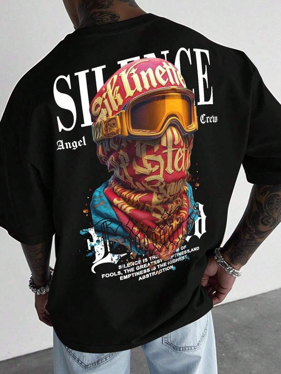 Black 3 Mens Crew Neck Graphic Tee With Bold Typography And Goggle Mask ...