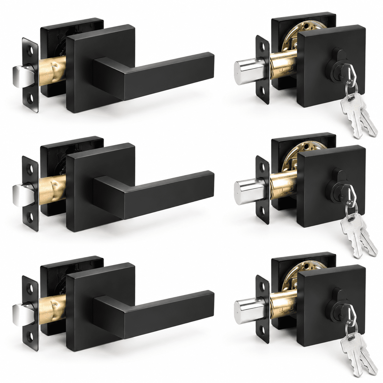Black 3 Pack Flat Black Modern Square Passage Door Lever and Single ...