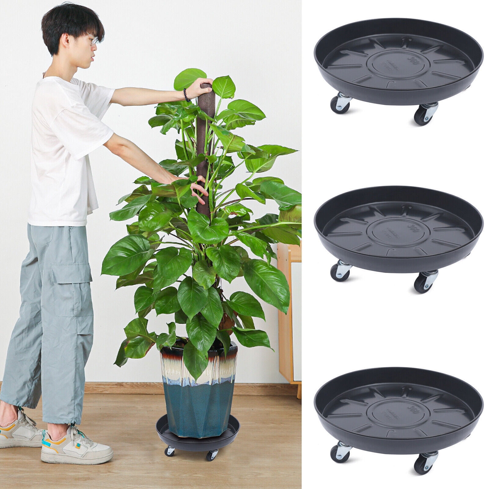 Black 3-Pack Movable Plant Caddy + Wheels Plant Dolly Rolling Flower ...