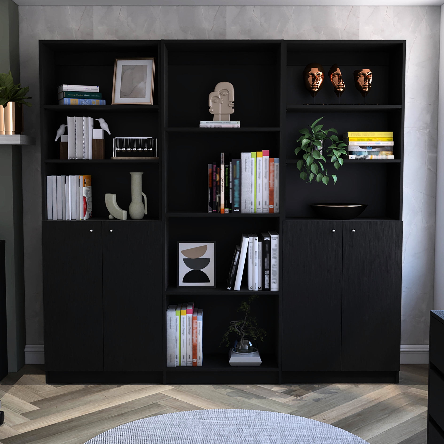 Black 3-Piece Bookcase Set | Open Shelves & Double-Door Cabinet ...