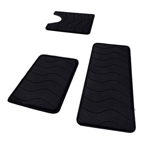 Black 3-Piece Coral Fleece Bath Mat Set With Quick Dry Feature, White ...