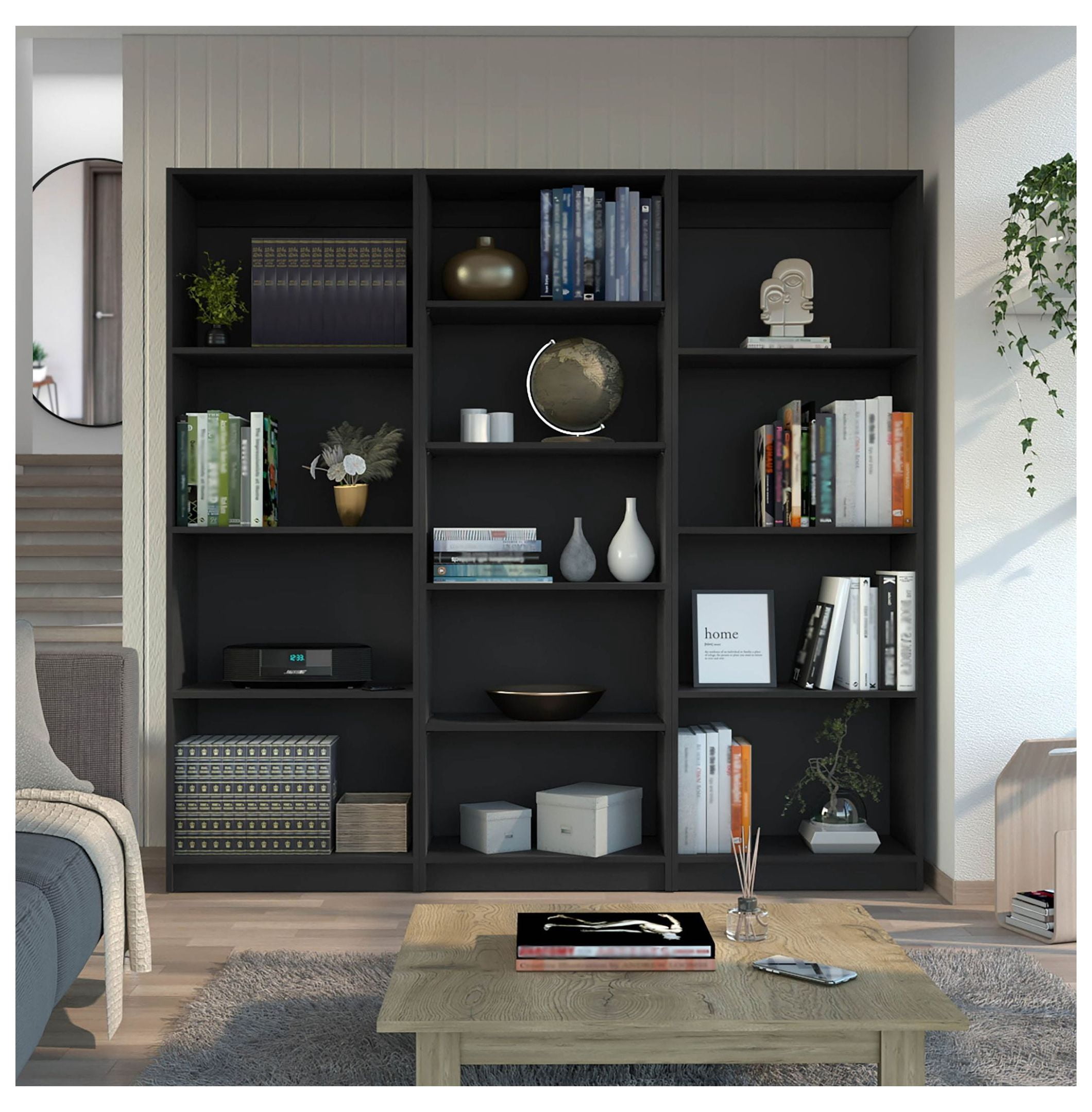 Black 3 Piece Living Room Bookcase Set - Modern Storage Shelves - 71 ...