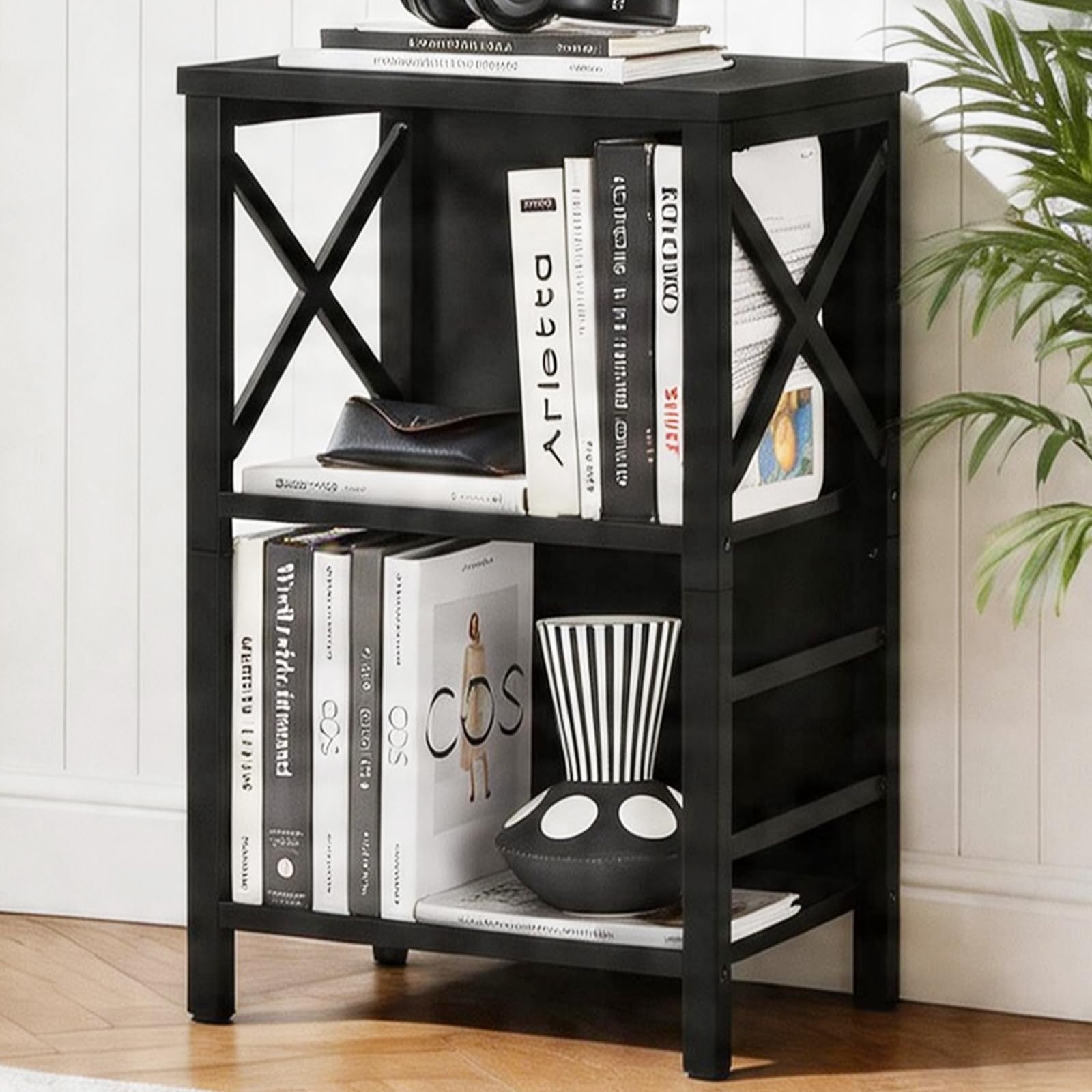 Black 3-Tier Industrial Bookshelf With Metal Frame And Open Back, 29.5 ...
