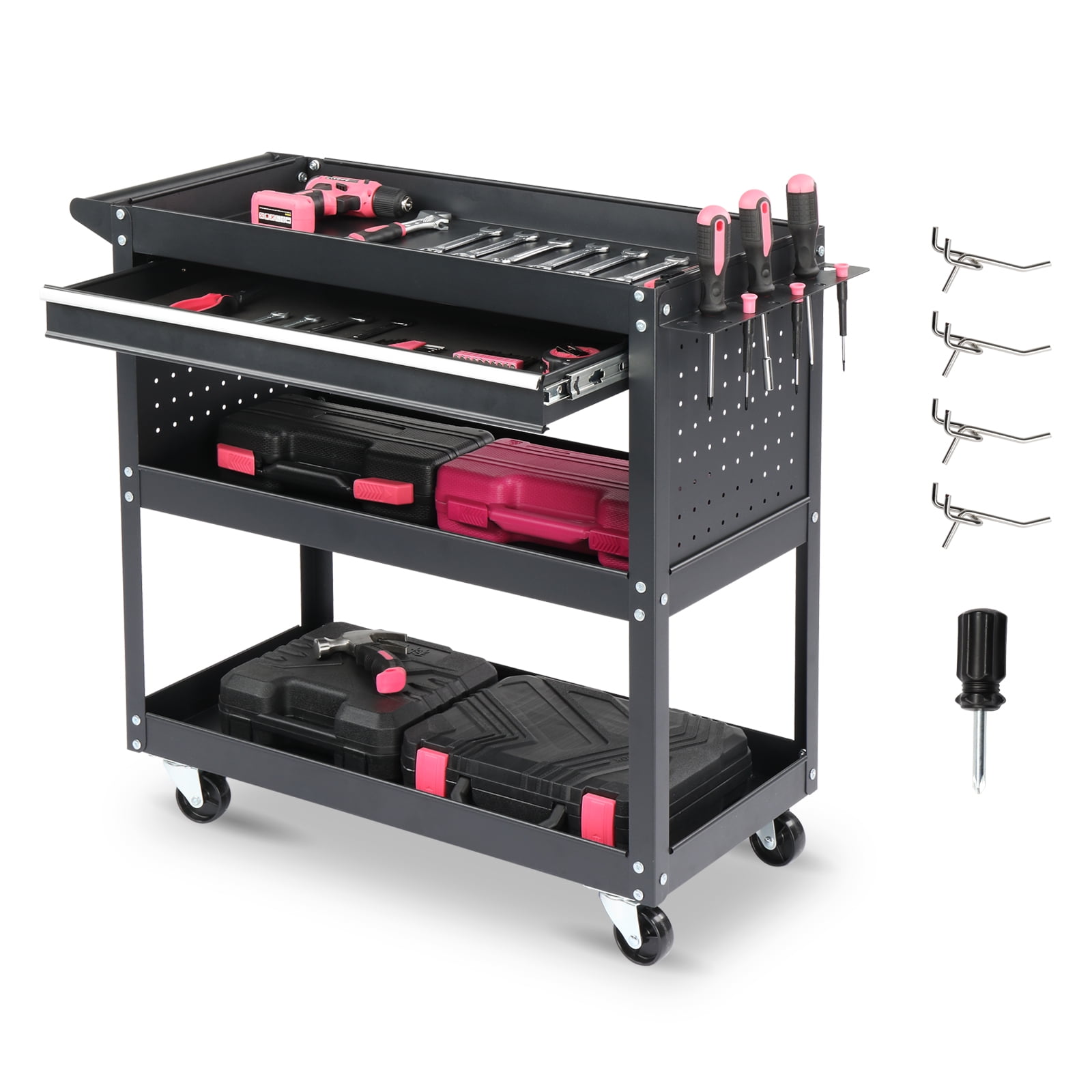 Mobile 3 Tier Tool Cart with Drawers, Steel Rolling Storage Organizer ...