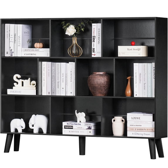 Black 3-Tier Modern Cube Bookshelf With Legs, 5-Compartment Wooden ...