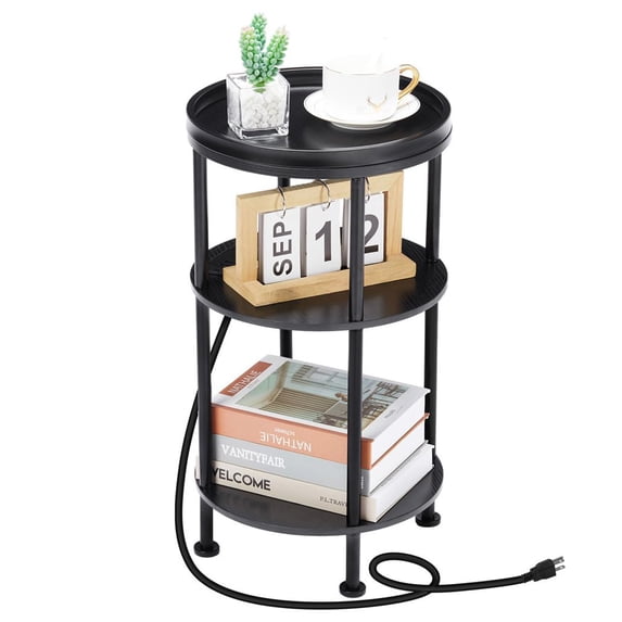 Black 3-Tier Round Side Table With Built-In Power Outlet And USB ...