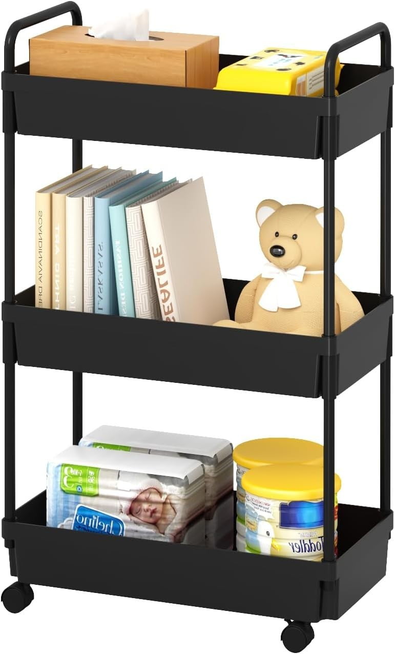 Black 3-Tier Utility Rolling Cart with Lockable Wheels – Mobile Storage ...
