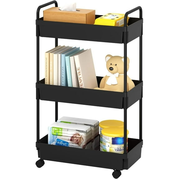 Black 3-Tier Utility Rolling Cart with Lockable Wheels – Mobile Storage ...