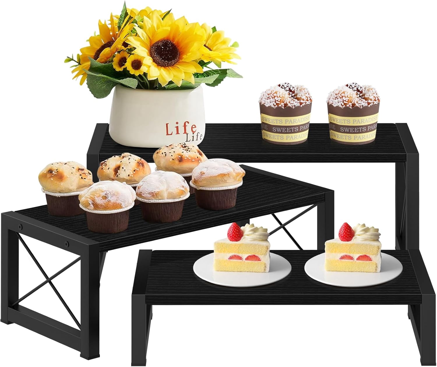 Black 3-Tier Wooden Cupcake and Dessert Display Stand, Multi-Tier Riser ...