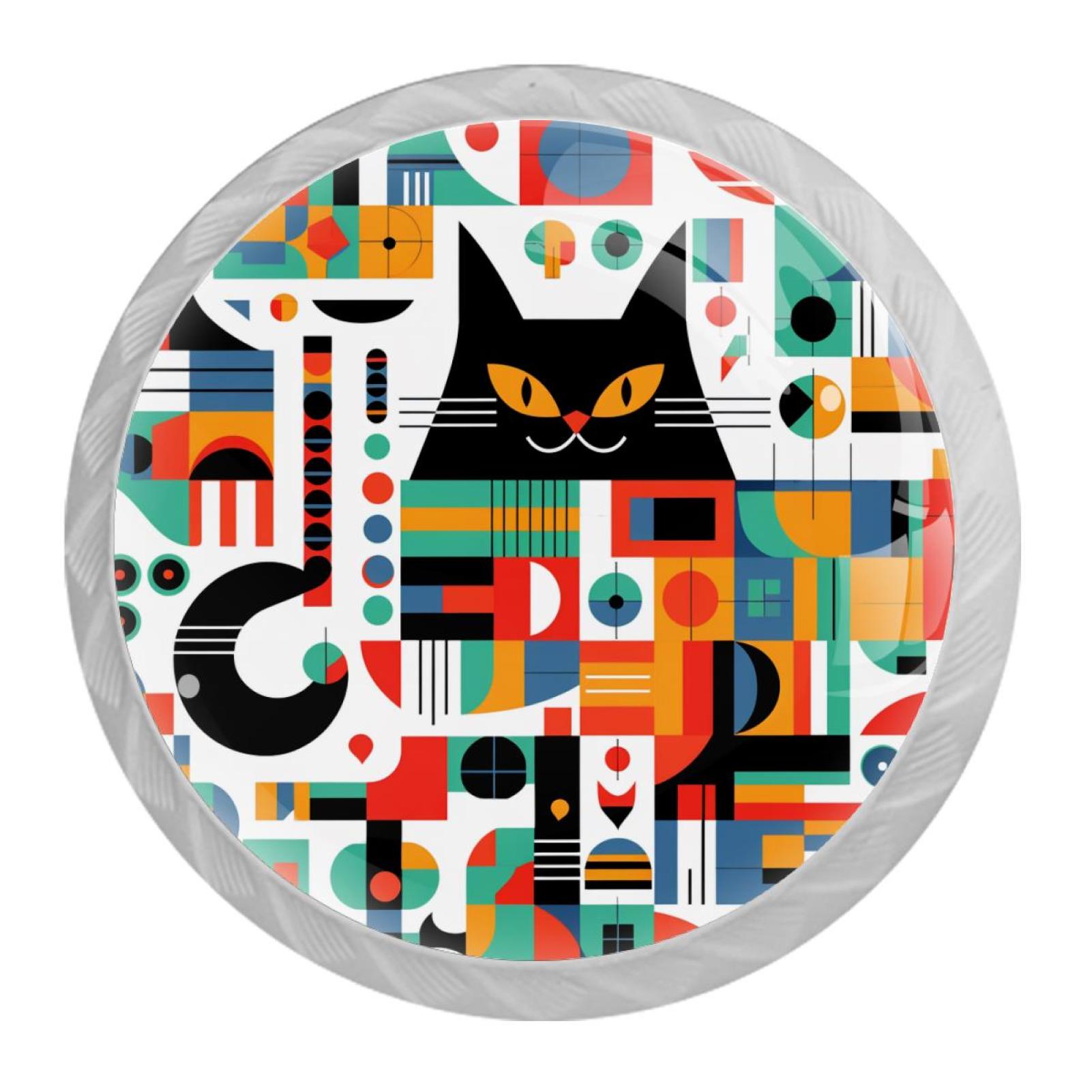 Black 35mm Cabinet Knobs Pulls Geometric Cat Cute Glass ABS Drawer ...