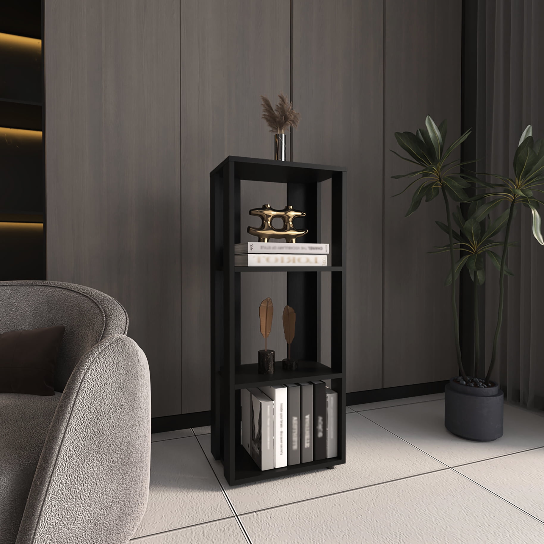 Black 39" Tall Four Bookcase, Living Room Compact Storage Device, Build ...