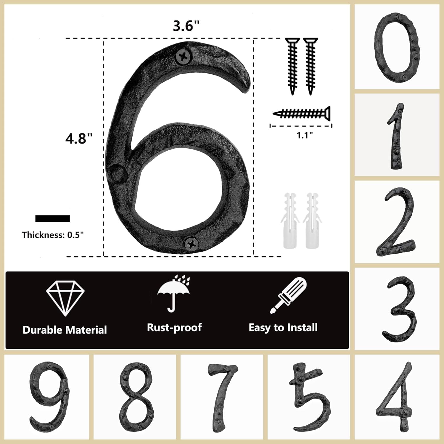 Black 3D Cast Iron House Numbers, 5 Inch Address Number With Wrought ...