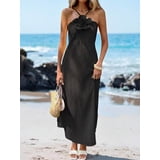 Black 3D Floral Halter Maxi Slit Dress For Women Summer Beach Vacation ...