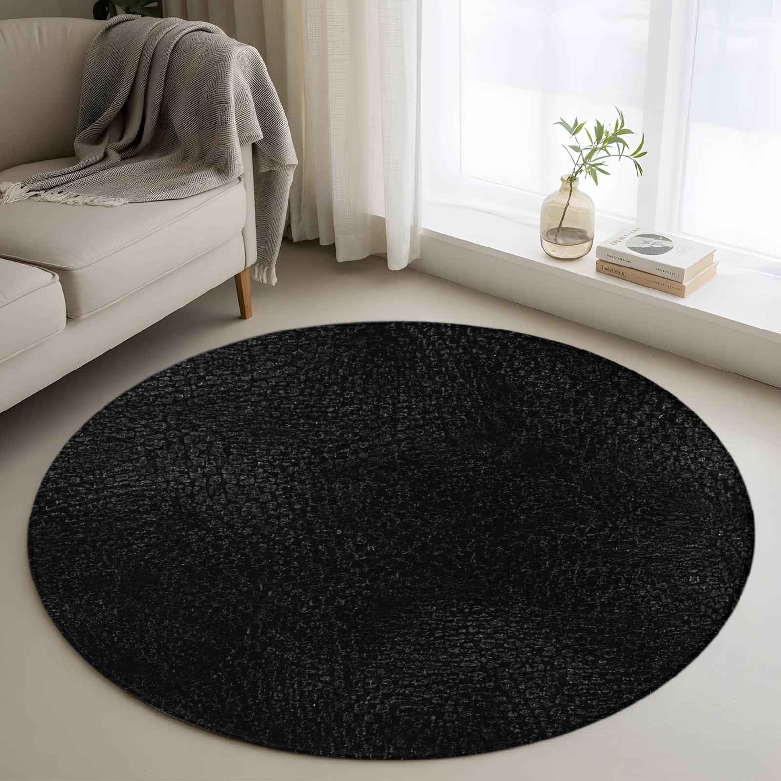 Black 3FT Round Area Rugs Modern Minimalist Classic Black Solid Color ...