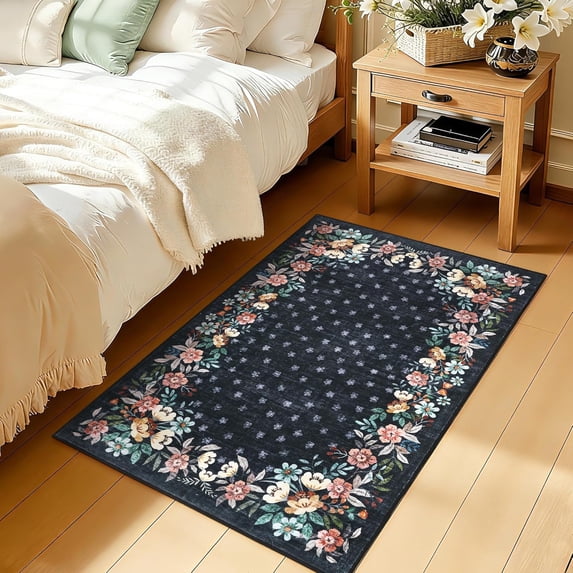 Black 3x5 Entryway Rug, Washable Floral Area Rug with Non-Slip Backing ...