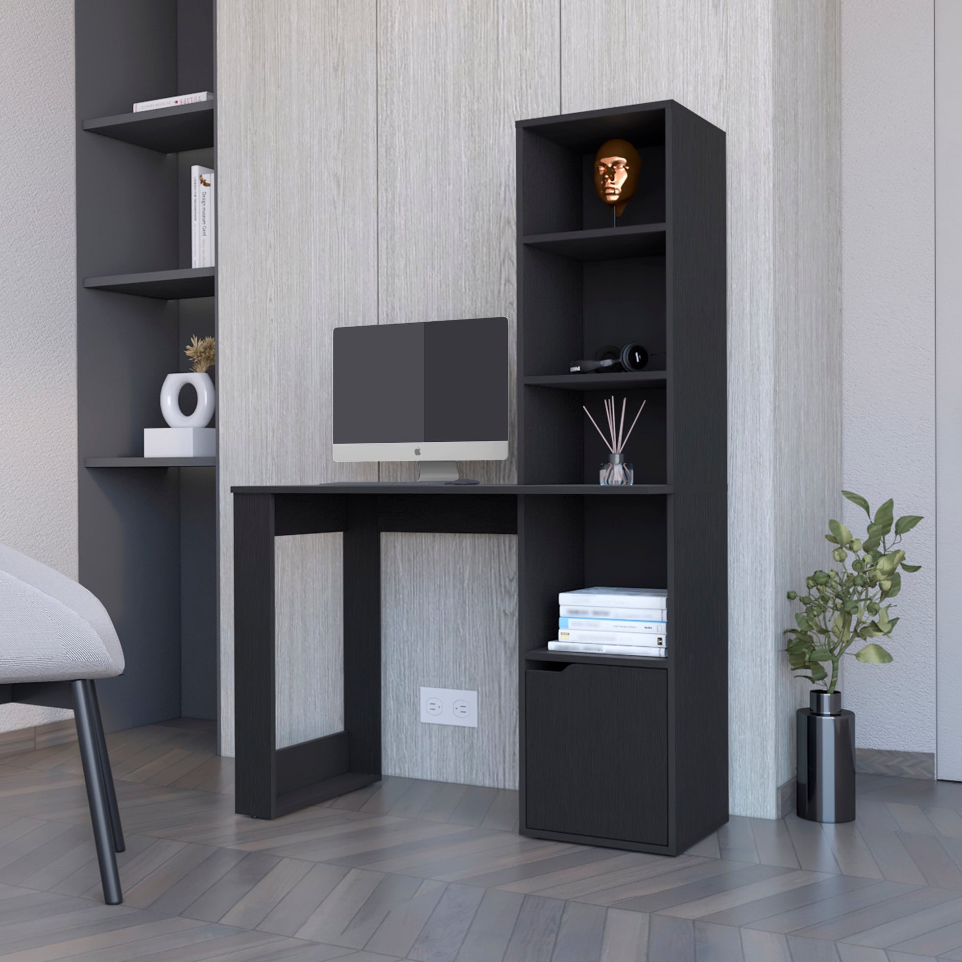 Black 4 Bookcase And 1-door Cabinet Office Desk - Enhance Productivity ...