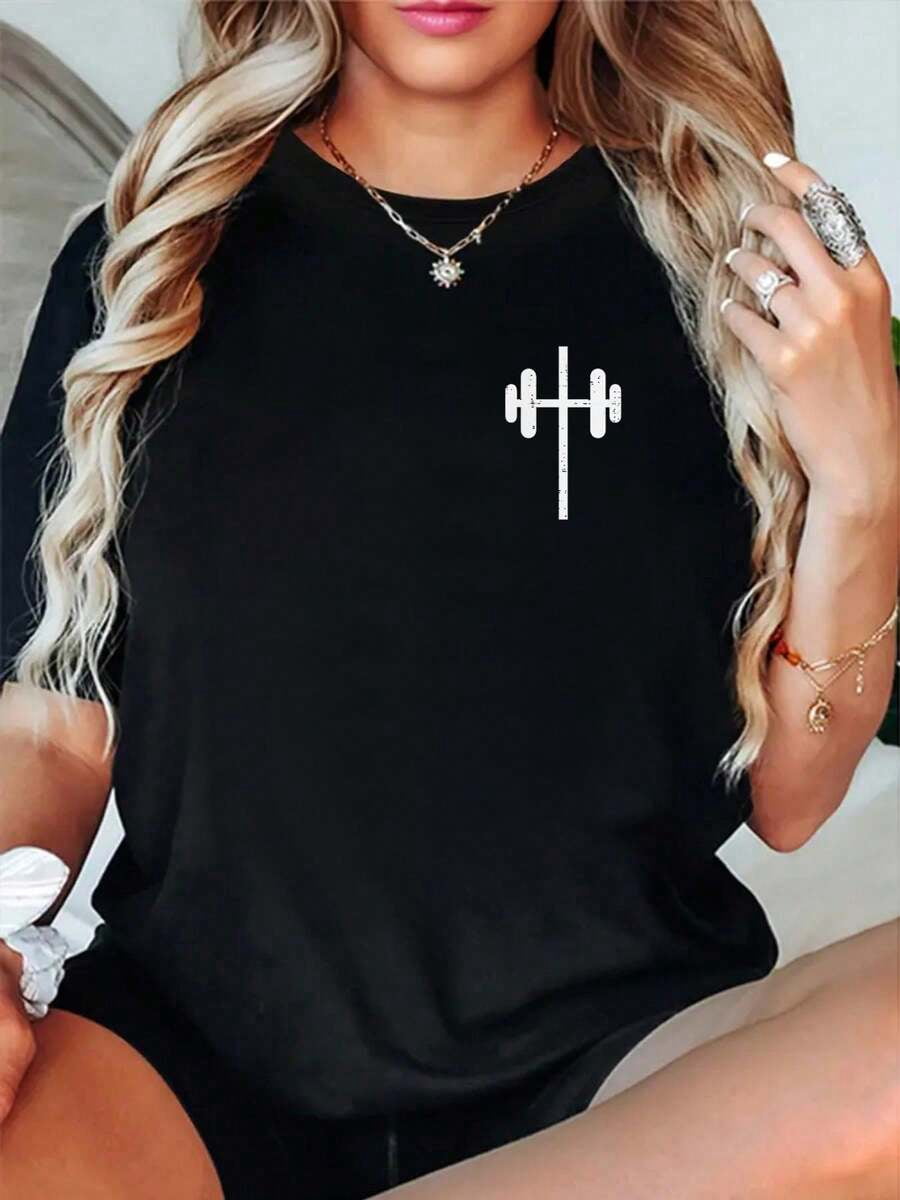 Black 4 Cotton Barbell Cross Graphic Tee For Women Gym Activewear ...