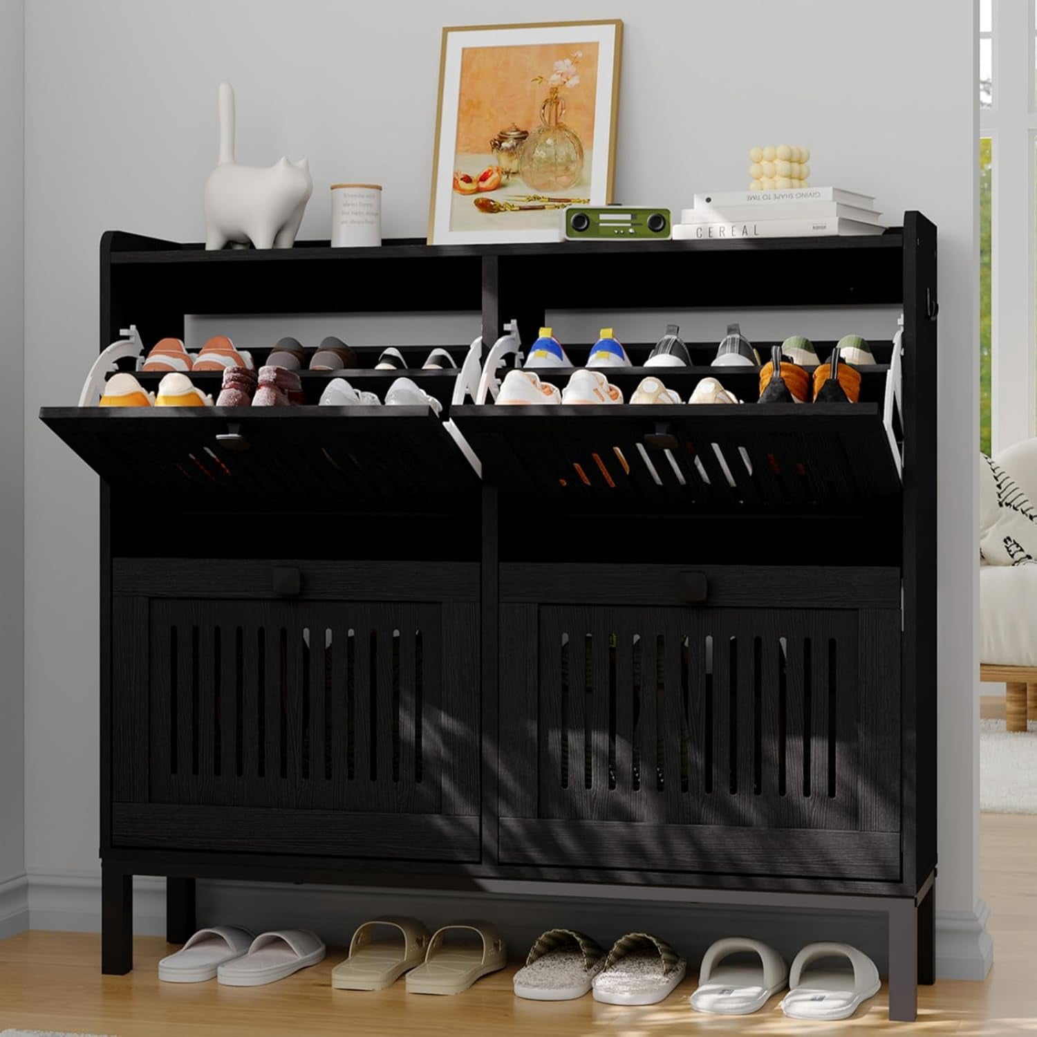 Black 4-Door Flip-Front Shoe Cabinet – Adjustable Shelf Freestanding ...