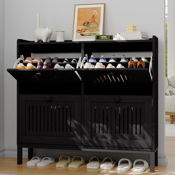 Black 4-Door Flip-Front Shoe Cabinet – Adjustable Shelf Freestanding ...