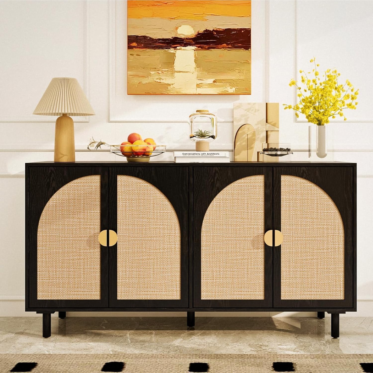 Black 4-Door Rattan Cabinet-Sideboard Buffet Cabinet with Storage ...