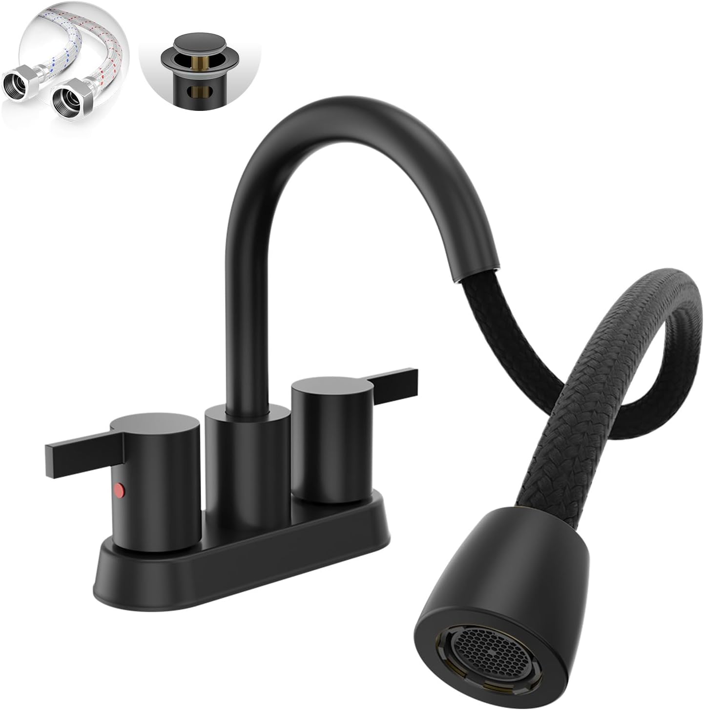 Black | 4 Inch Centerset Bath Sink Tap w/ Pull-Out Sprayer | Swivel ...