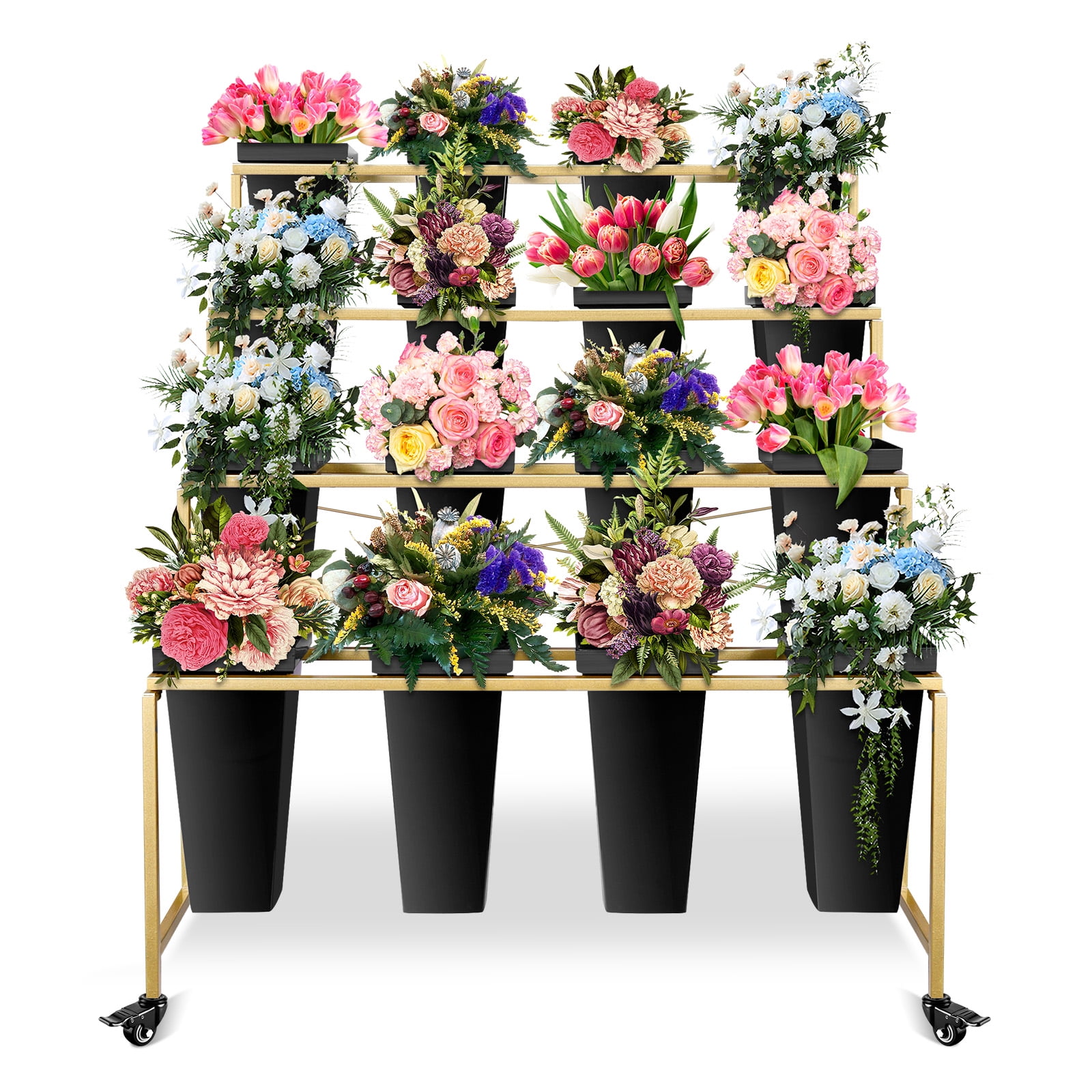 Black 4 Layers With Wheels Movable Metal Flower Display Stand with 16 ...