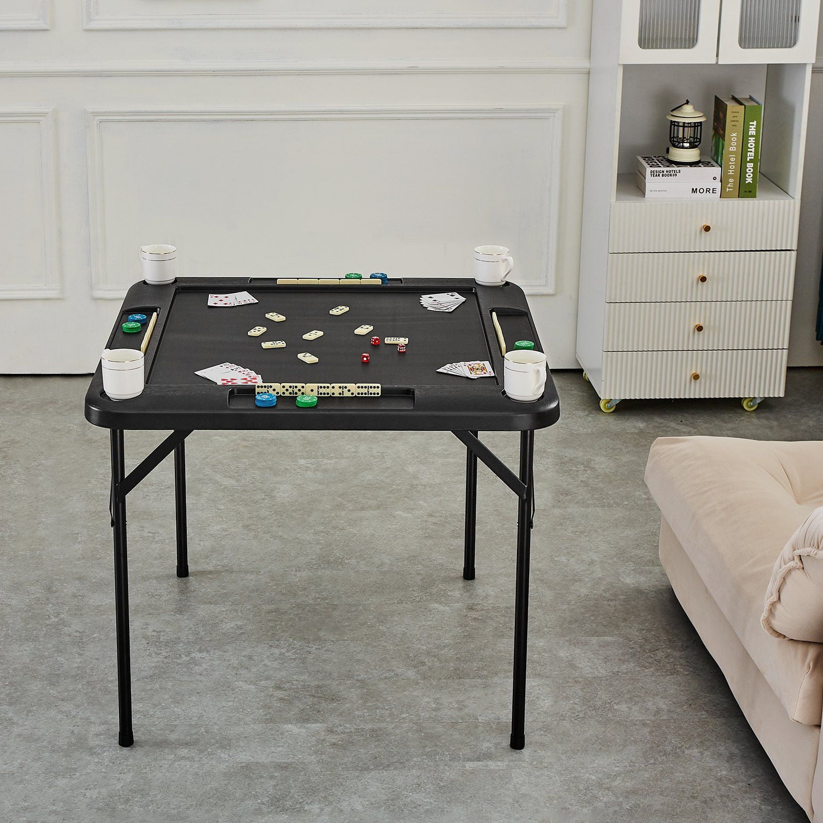 Black 4-Player Folding Mahjong Table with Built-in Cup Holders & Chip ...