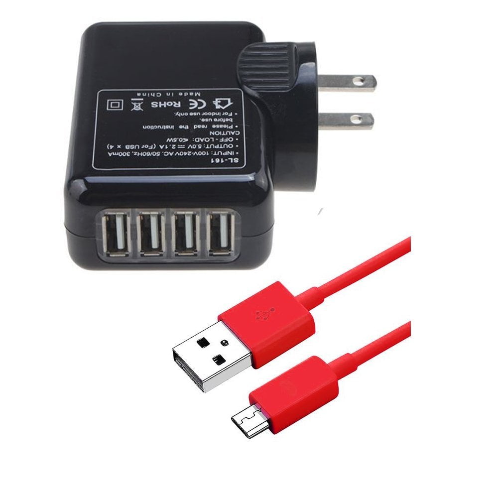 Black 4-Port USB Wall AC 2.1A Charger Adapter & Micro USB Cable (10ft ...