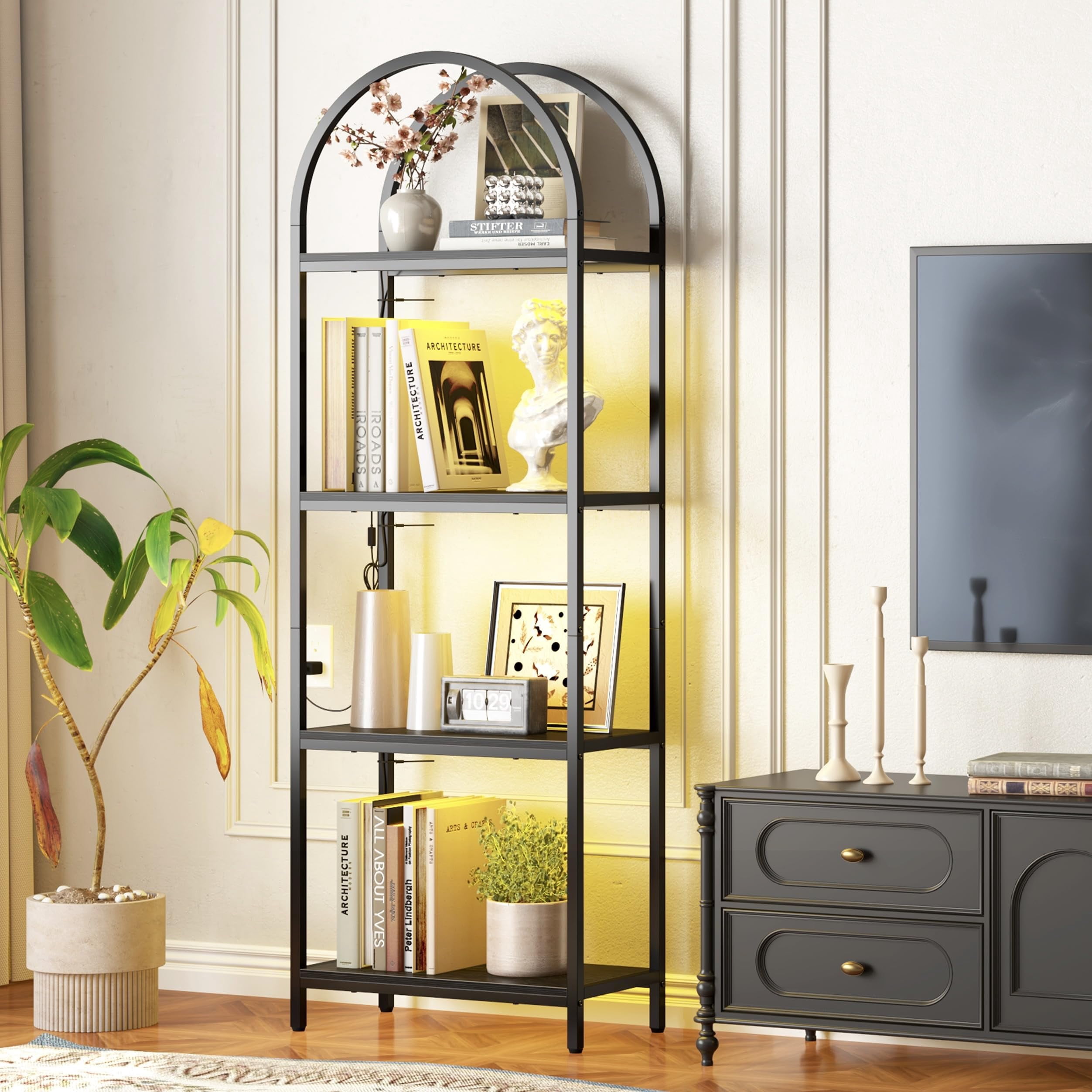 Black 4-Tier Arched Metal Bookcase 71.3 Inches Tall Modern Freestanding ...