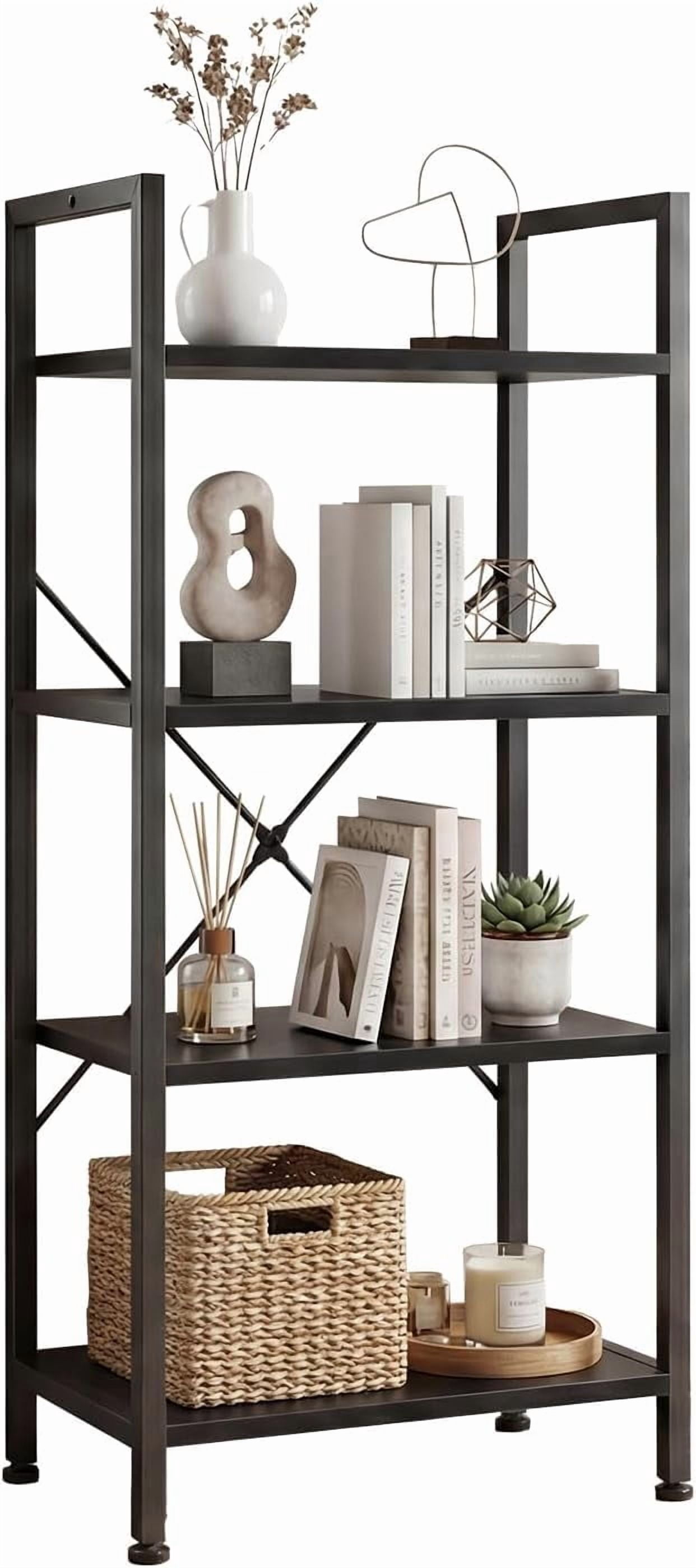 Black 4-Tier Metal Frame Bookshelf With Wood Shelves For Living Room ...