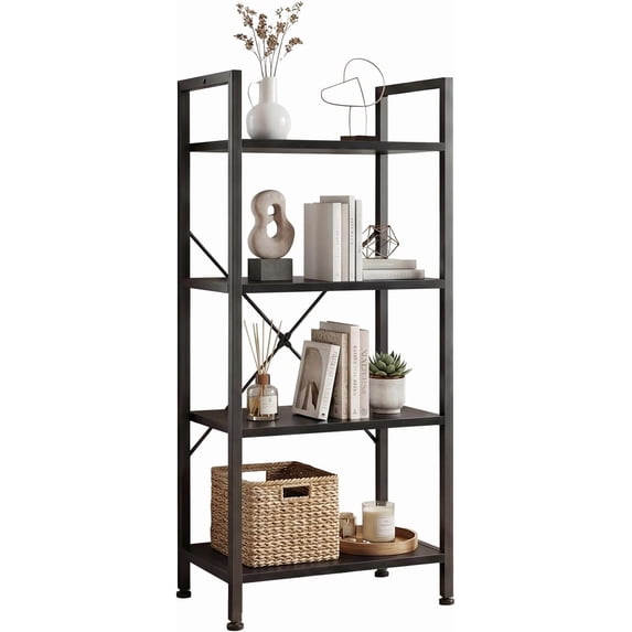 Black 4-Tier Metal Frame Bookshelf With Wood Shelves For Living Room ...