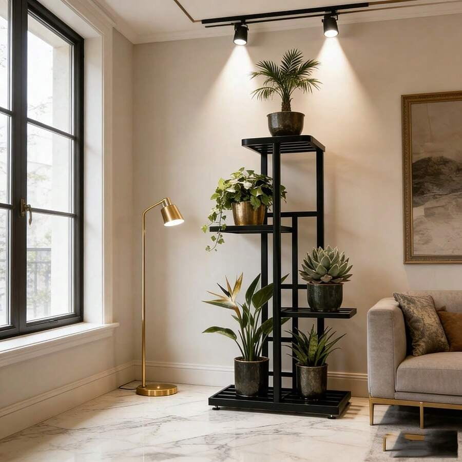 Black 4-Tier Metal Plant Stand, Space-Saving Vertical Shelf for Indoor ...