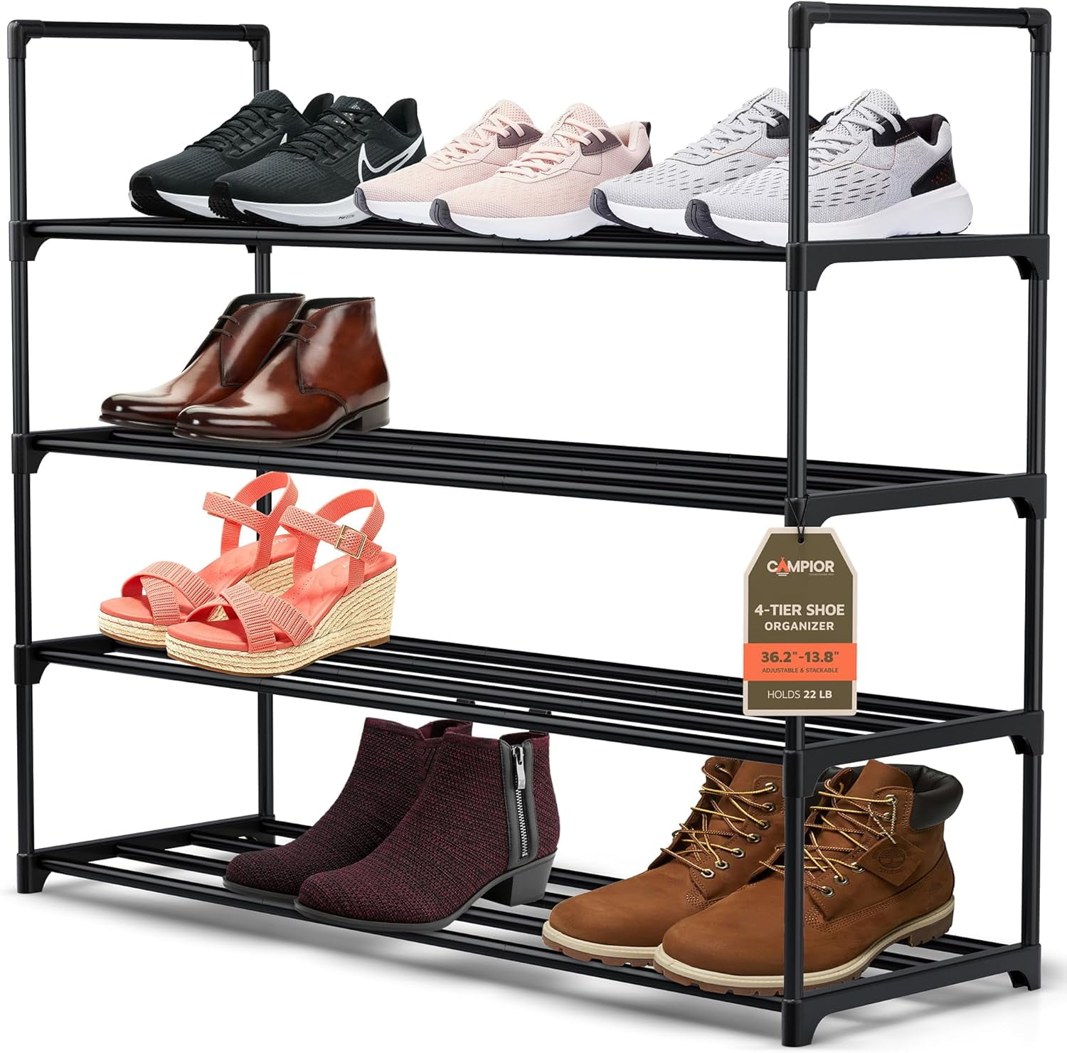 Black 4 Tier Shoe Rack, 36" Large Shoe Shelf Holds 15 Pairs of Shoes ...