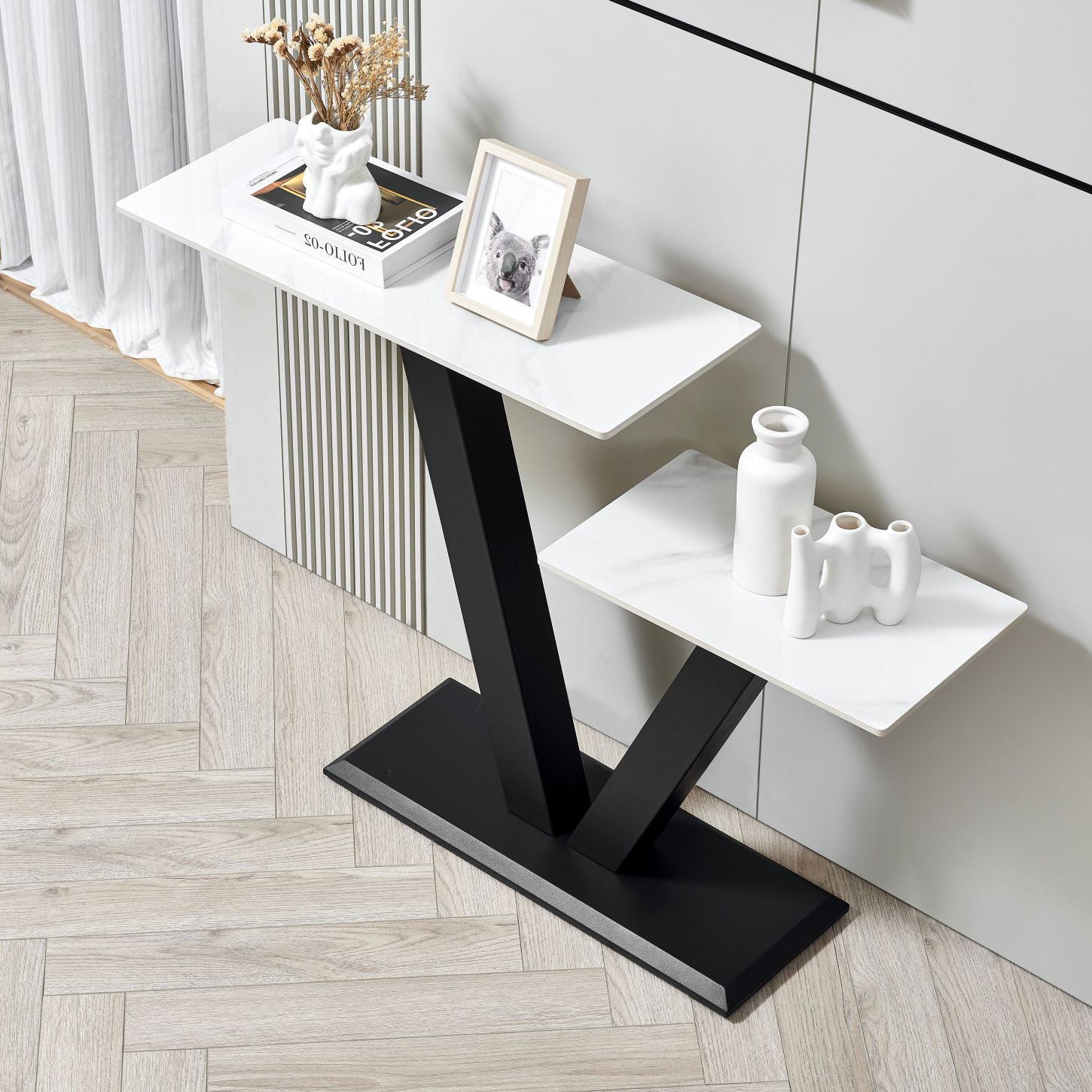 Black 47.2" Sleek Modern Console Table, Exquisite Shape Design, Metal ...