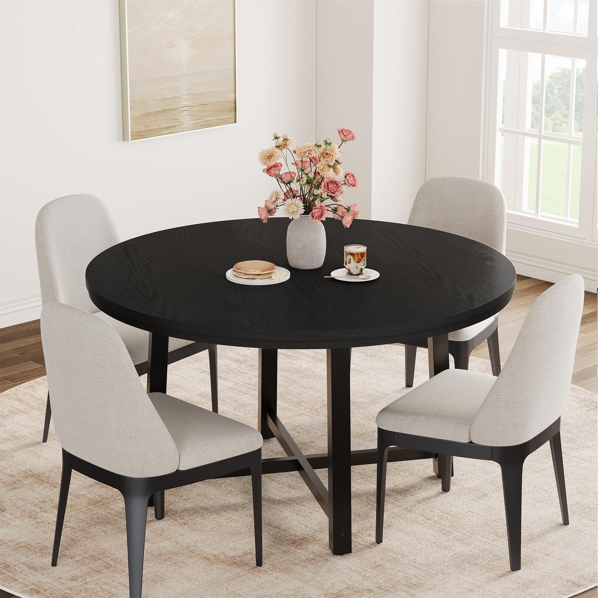 Black 47 Inch Round Metal Frame Dining Table, Space Saving Home Kitchen ...