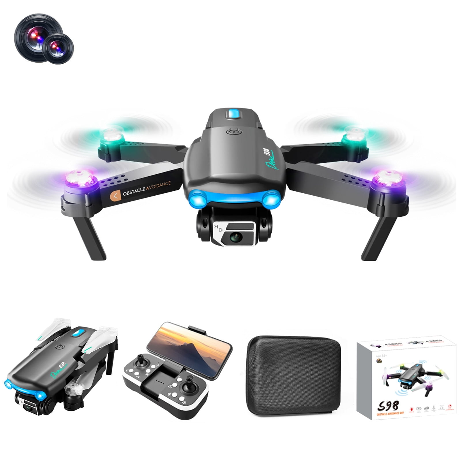 Black 4K Hd Optical Flow Drone With Dual Camera Led Blades Altitude ...