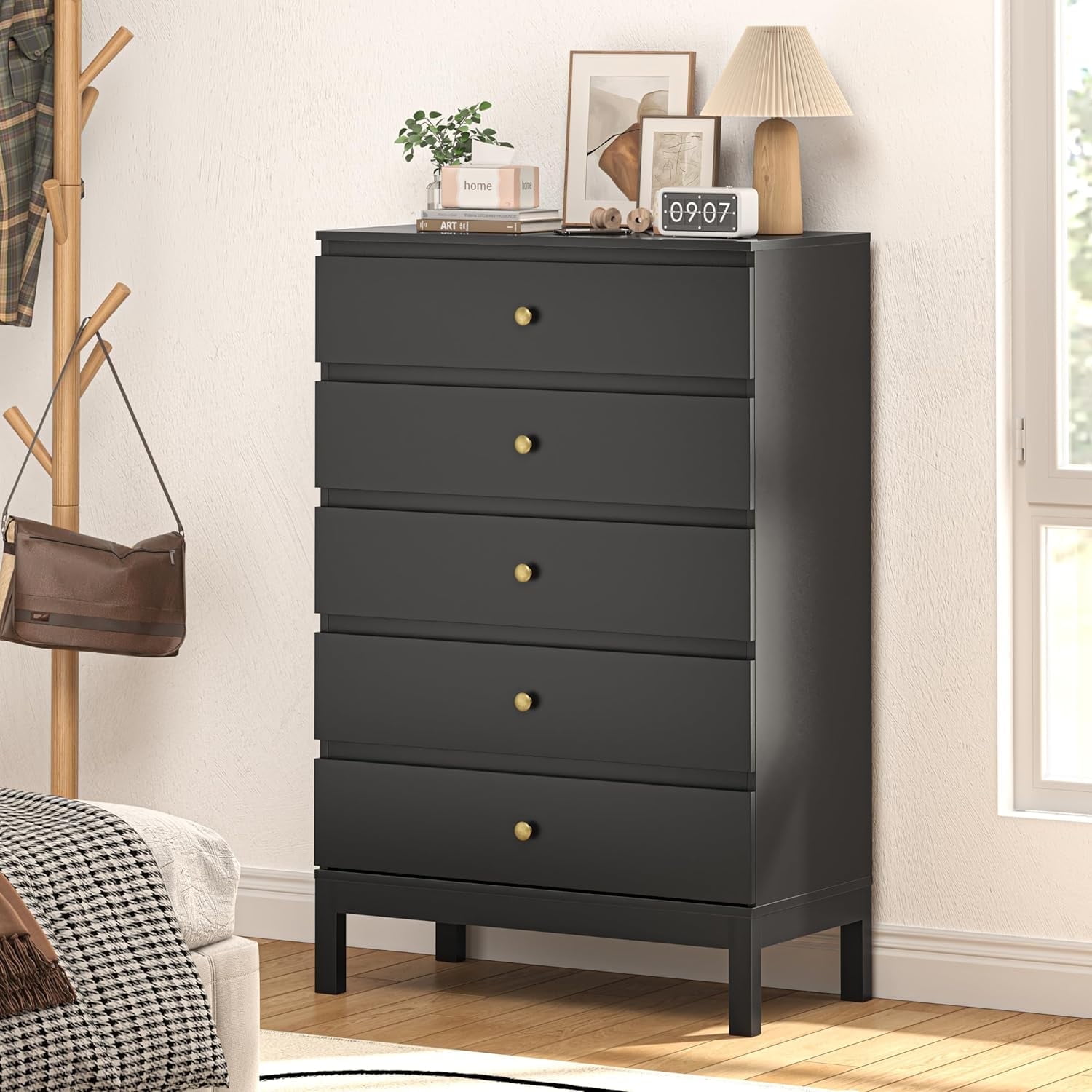 Bifanuo Black 5 Drawer Dresser Modern Chest of Drawers with Smooth ...