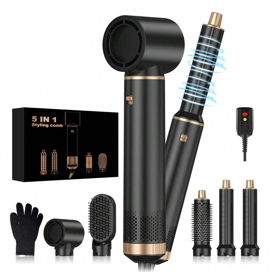 Black 5-In-1 Hot Air Styling Comb With Gold Accents – Multi-Functional ...