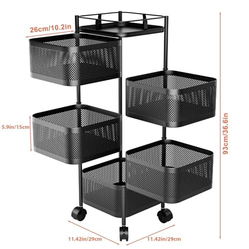 Black 5-Layer Rotating Fruit Vegetable Basket Cart, Kitchen Trolley ...