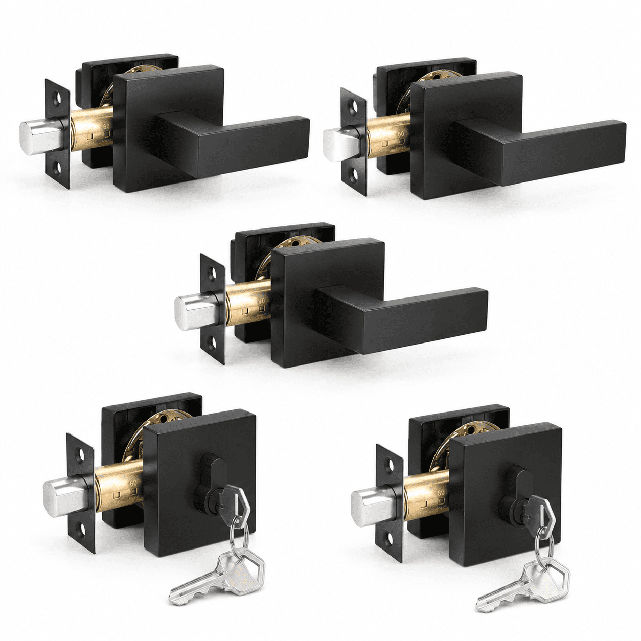 Black 5 Pack Flat Black Modern Square Passage Door Lever and Single ...