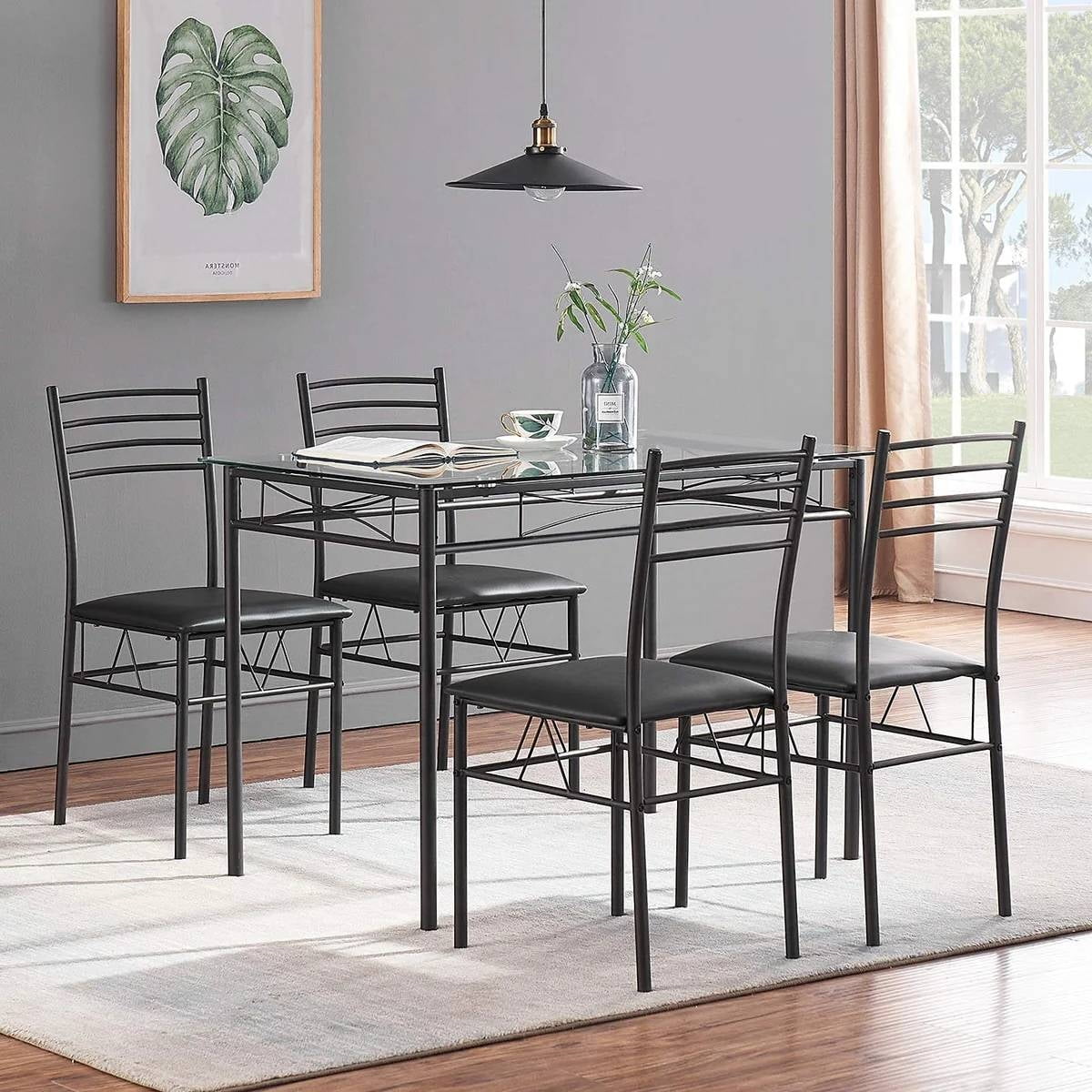 Black 5-Piece Dining Set with Rectangular Glass-Top Table and 4 Chairs ...