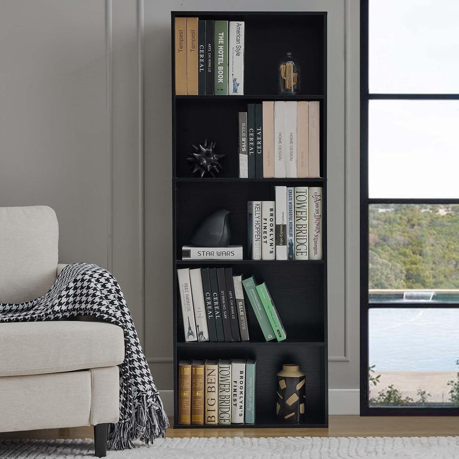 Black 5-Shelf Bookcase, Floor Standing Bookshelf with Storage ...