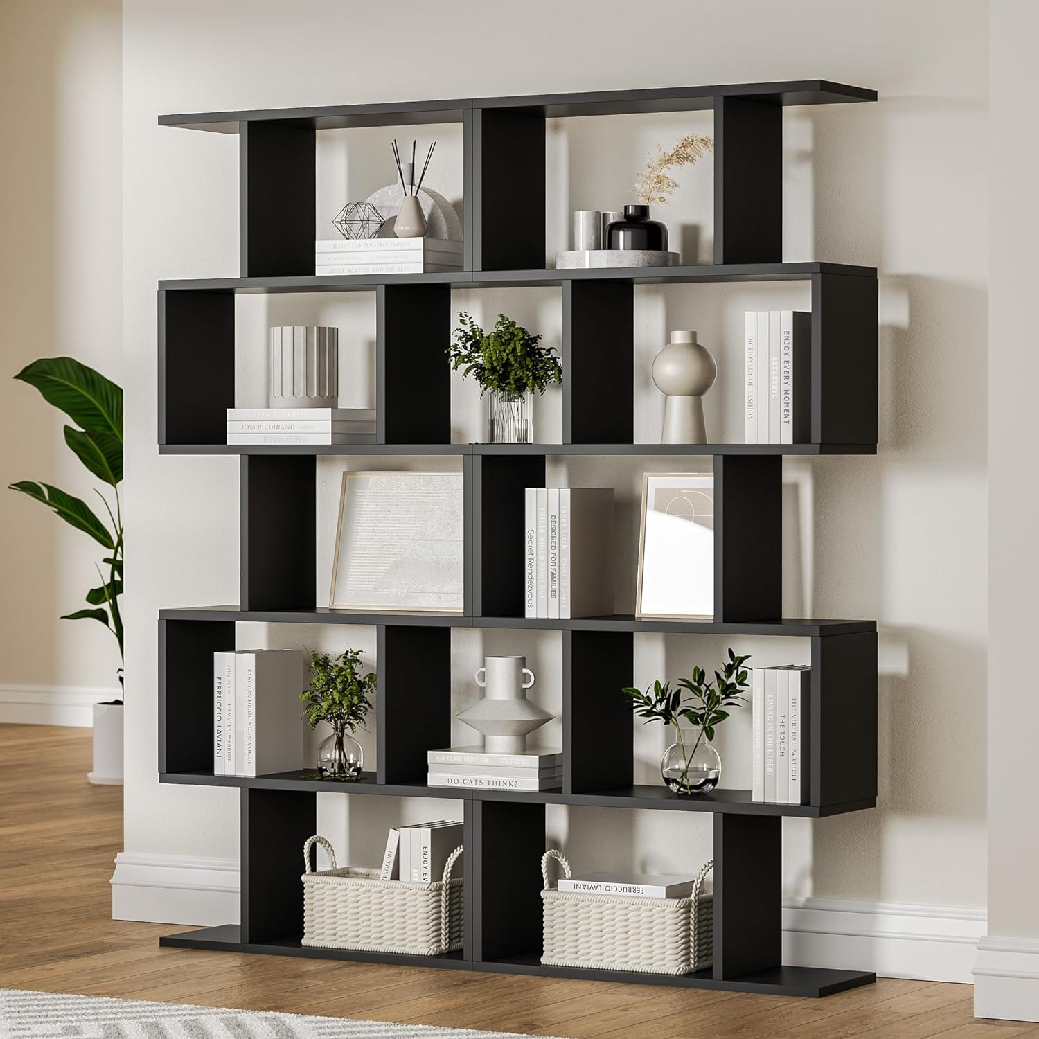 Black 5-Tier Geometric Bookcase, S-Shaped Modern Bookshelf Set of 2, 62 ...