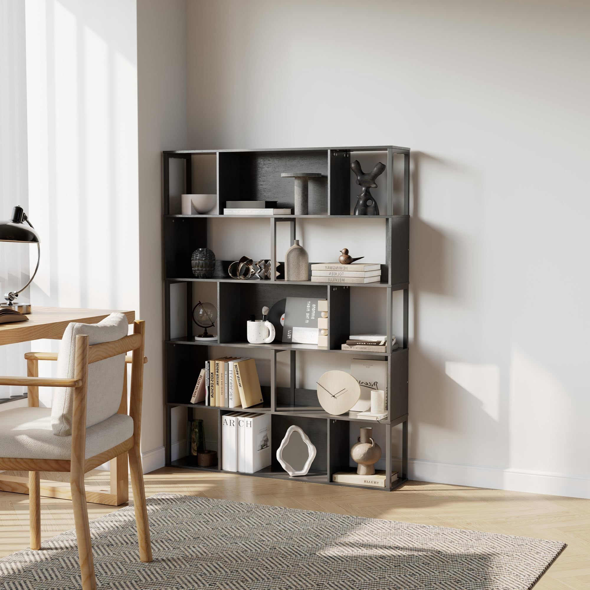 Black 5-Tier Geometric Bookshelf Modern Display Shelf With Anti-Tipping ...