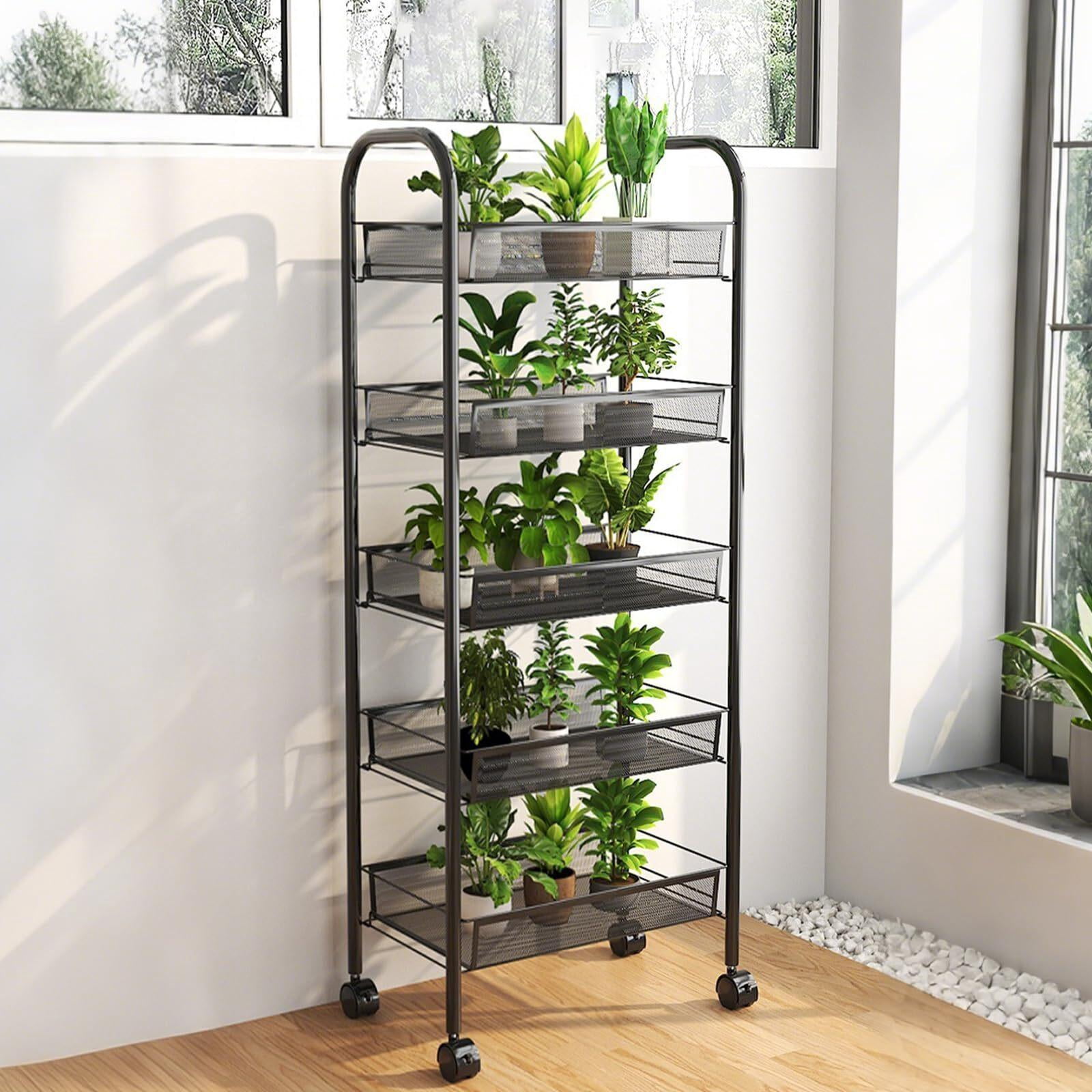 Black 5-Tier Metal Mesh Rolling Storage Trolley, Multilayer Mobile ...