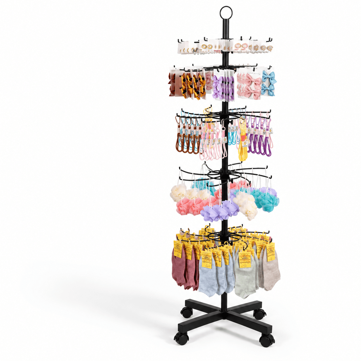 Black 5-Tier Rotating Retail Display Stand with Lockable Wheels ...